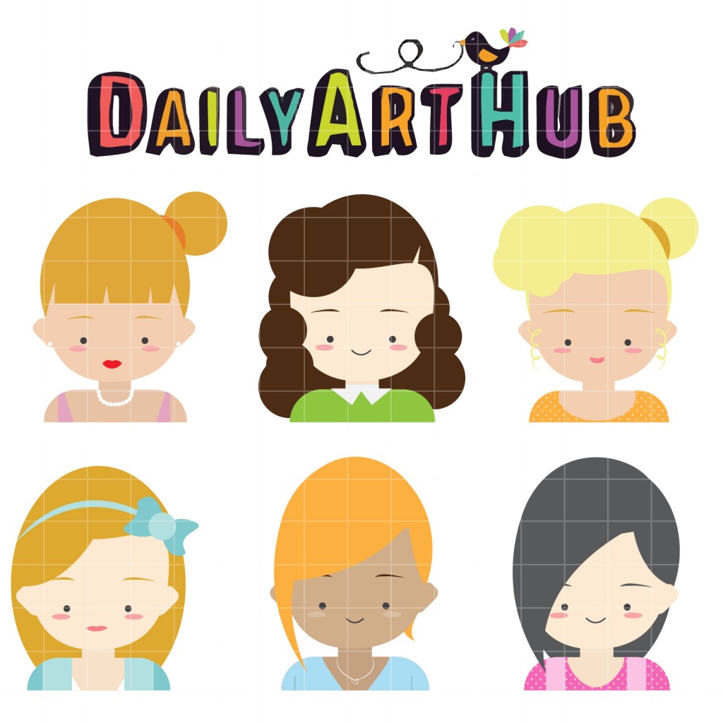 Cute Female Character Faces Clip Art Set – Daily Art Hub // Graphics ...