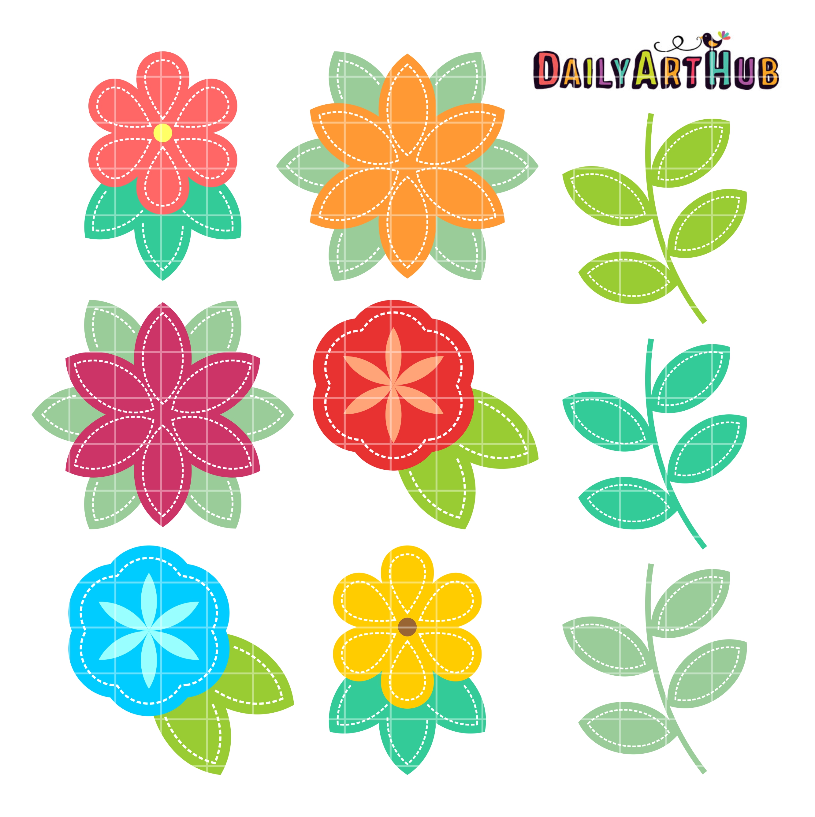 Stitched Flowers Clip Art Set – Daily Art Hub – Free Clip Art Everyday