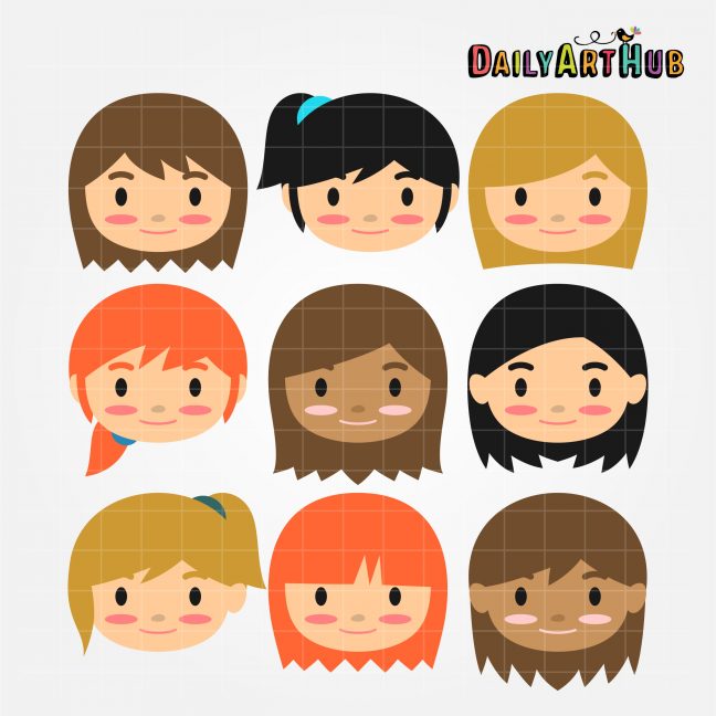 Smiley Girls Faces Clip Art Set – Daily Art Hub – Free Clip Art Everyday